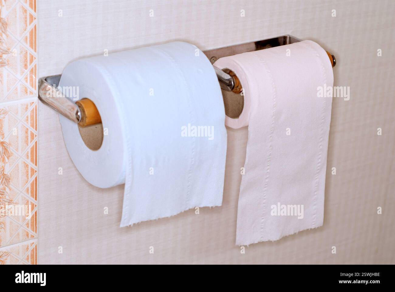 Two rolls of toilet paper in a bathroom restroom, pink and blue Stock ...