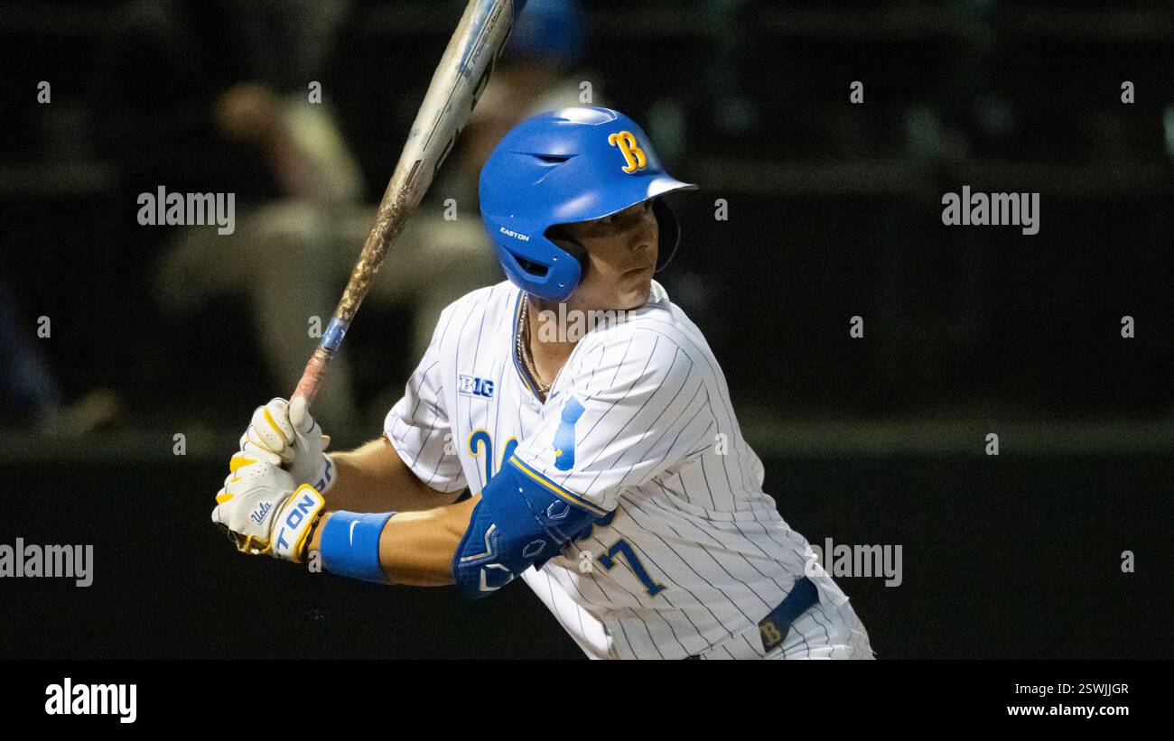 UCLA's Roman Martin (7) bats during an NCAA baseball game against BYU ...