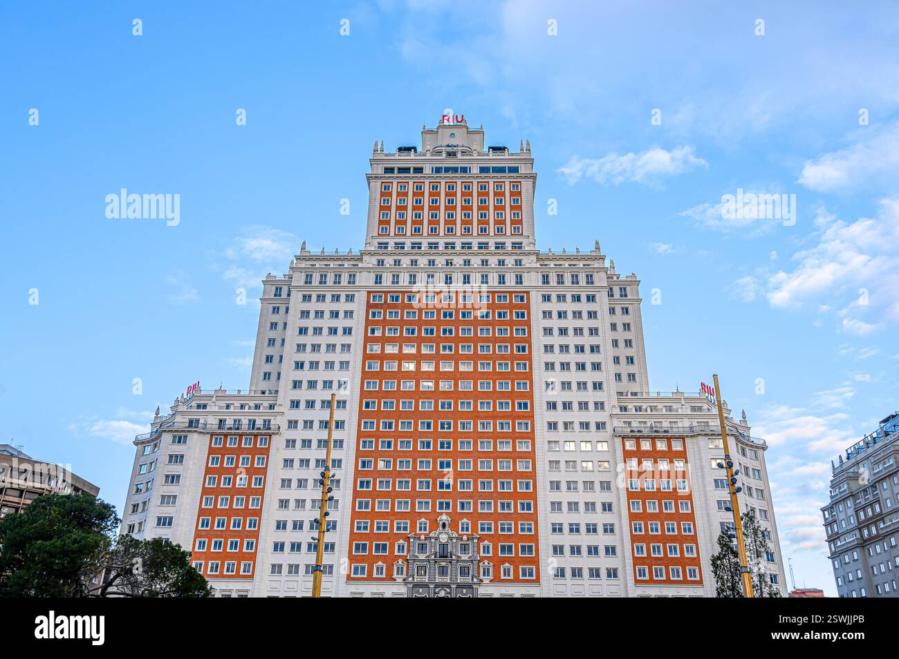 Facade of the Edificio Espana, the tallest building in Madrid, Spain. Currently a RIU hotel ...