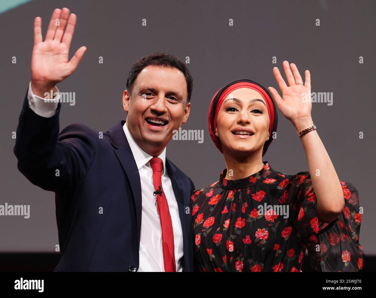 Scottish Labour leader Anas Sarwar alongside his wife Furheen Ashrif after speaking during the ...
