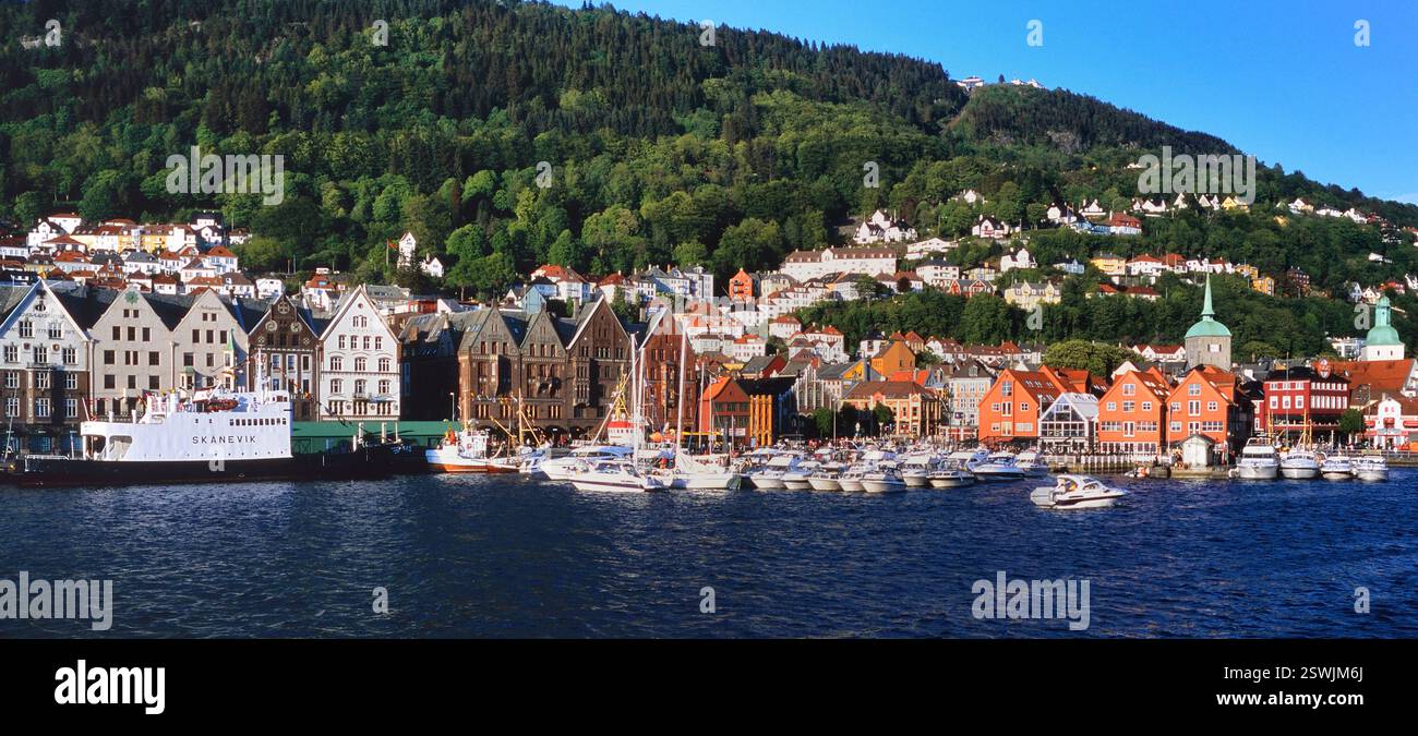 Cityscape of Bergen, Norway viewed from the sea on board the express ...