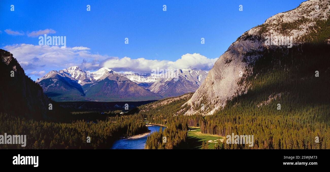 Elevated view of the Bow River and Fairmont Banff Springs Hotel Golf ...
