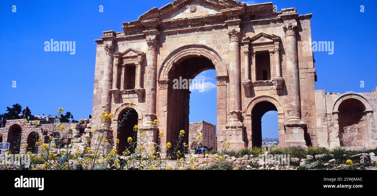 The Arch of Hadrian at the ruined Roman city of Jerash, Gerasa, Jordan ...