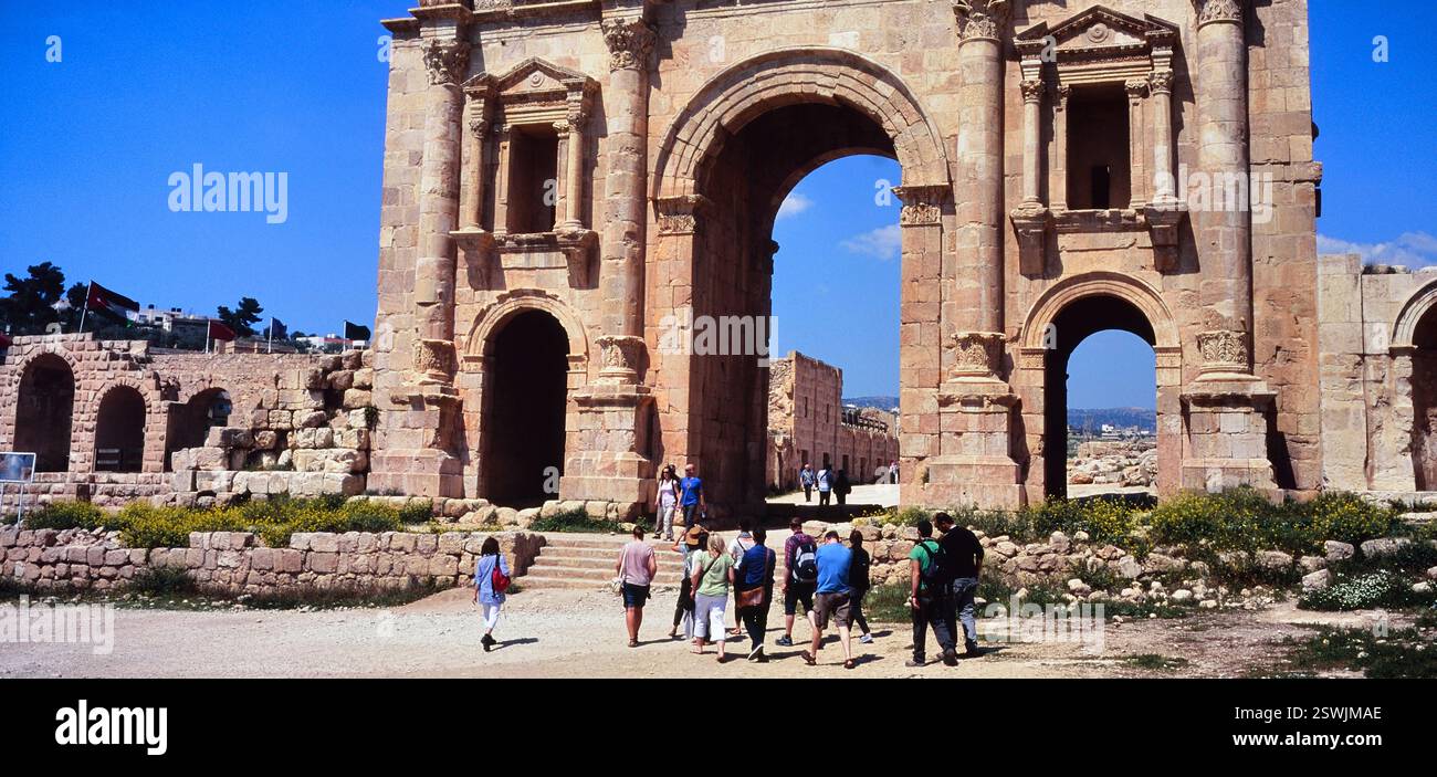 The Arch of Hadrian at the ruined Roman city of Jerash, Gerasa, Jordan ...