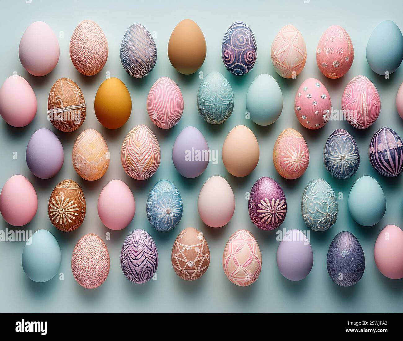 A lovely array of pastel Easter eggs features intricate designs for ...