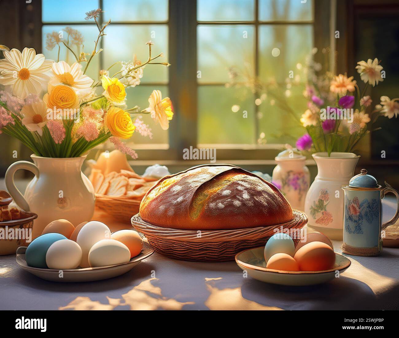 Spring flowers and beautifully decorated eggs adorn a rustic table ...