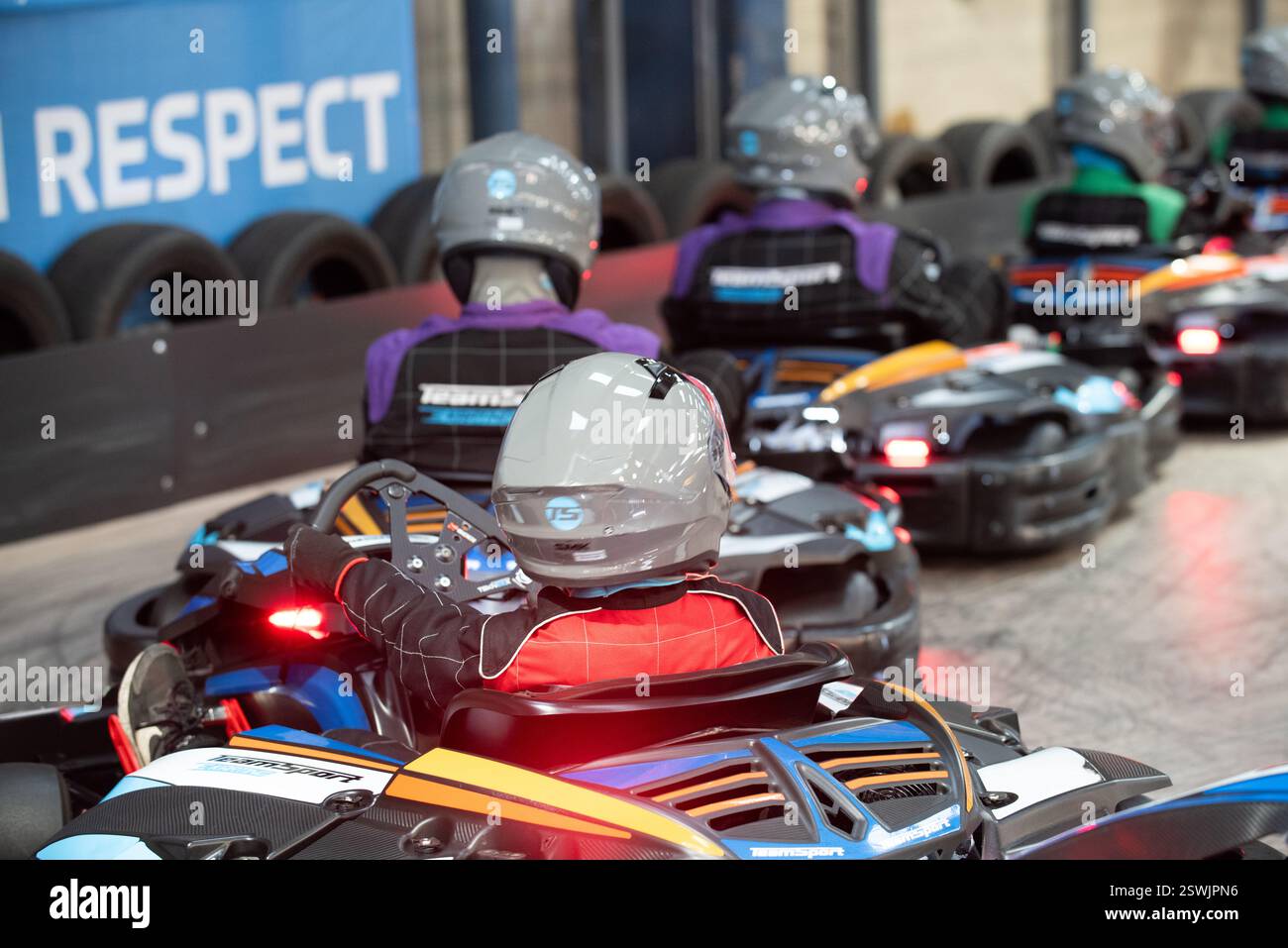 Go Karts waiting in line at the Team-Sport go-karting track in ...