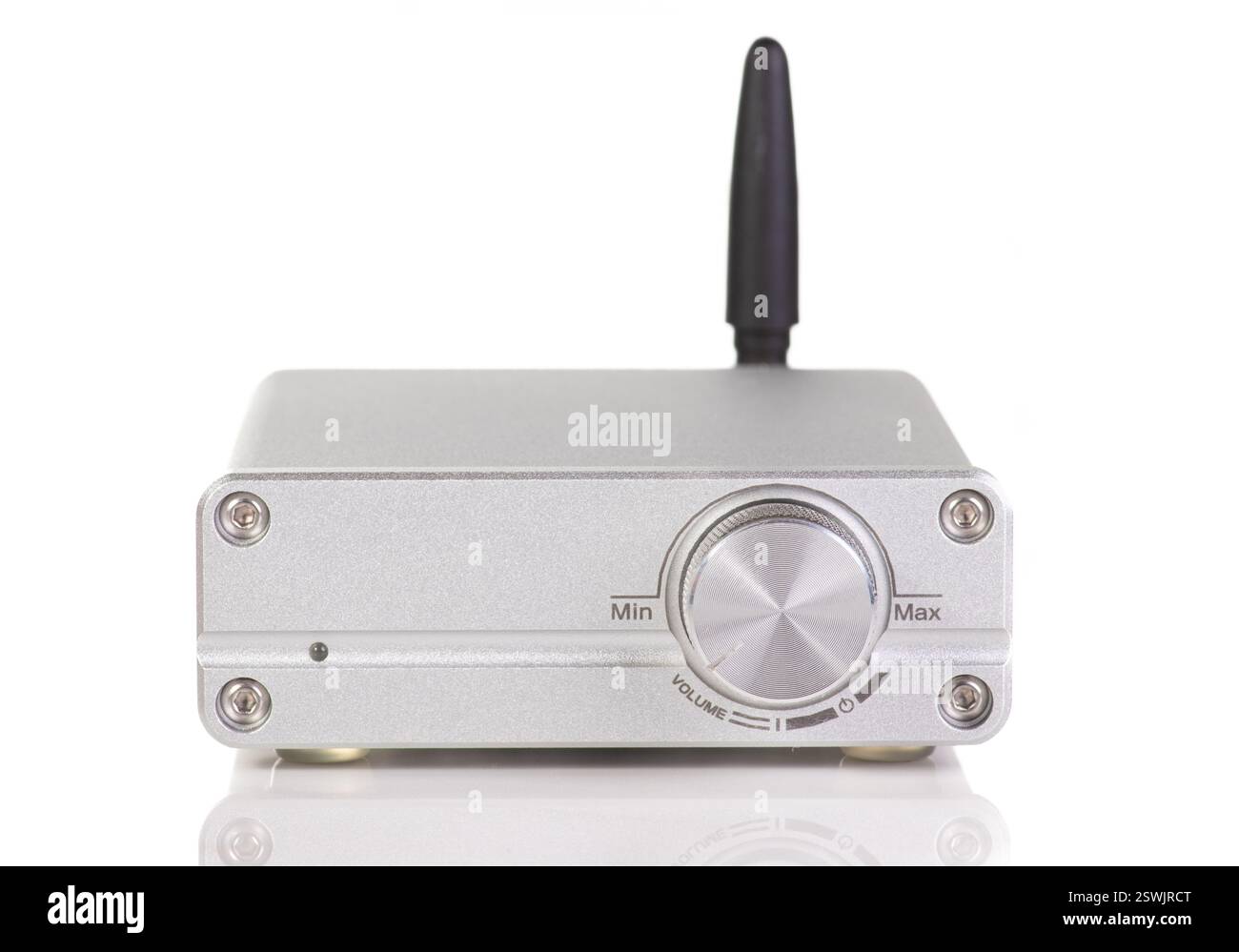 Modern compact audio amplifier with metallic finish and antenna ...