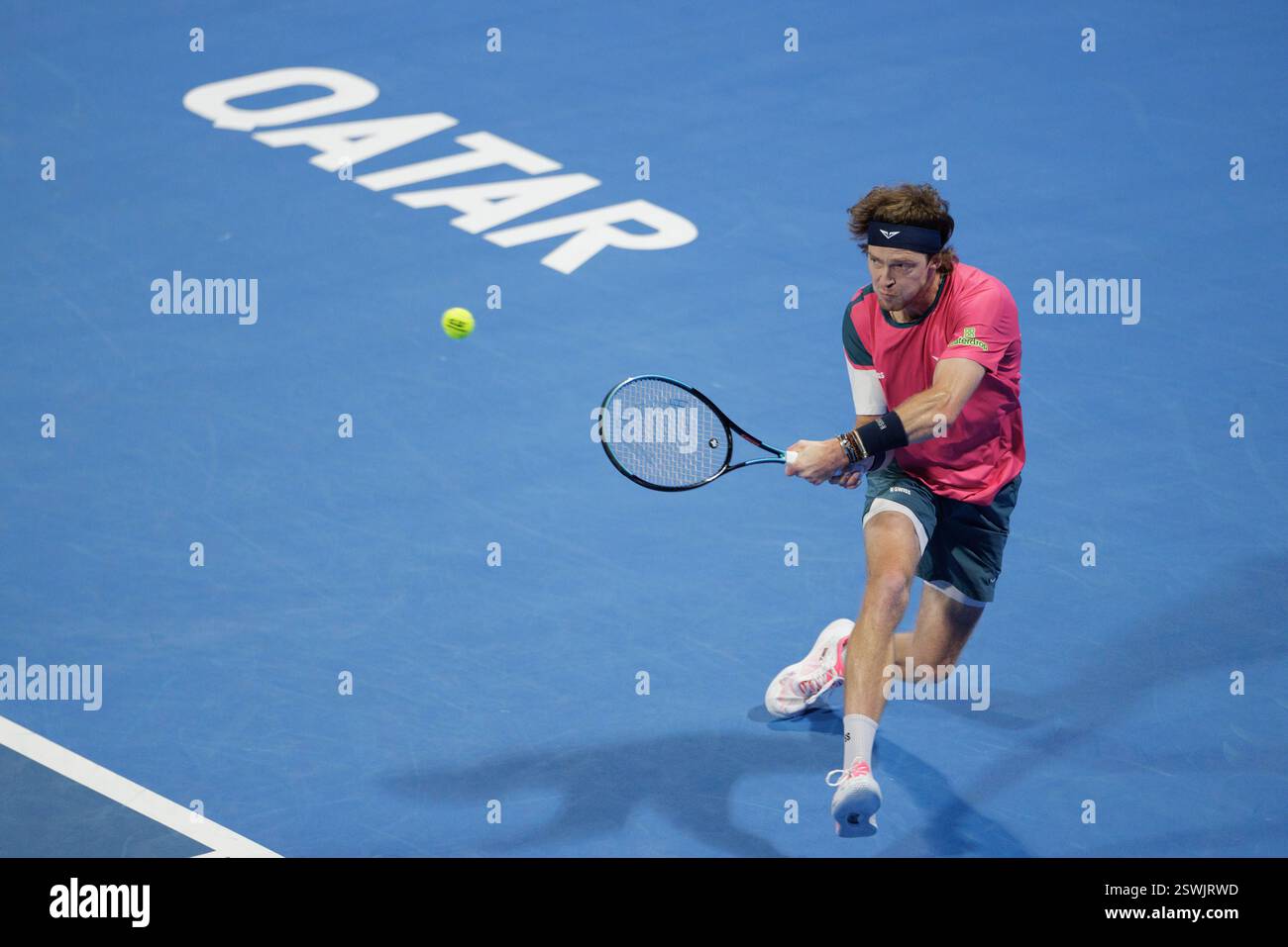 Doha, Qatar. 21st Feb, 2025. Andrey Rublev of Russia during the 2025 Qatar ExxonMobil Open, ATP ...