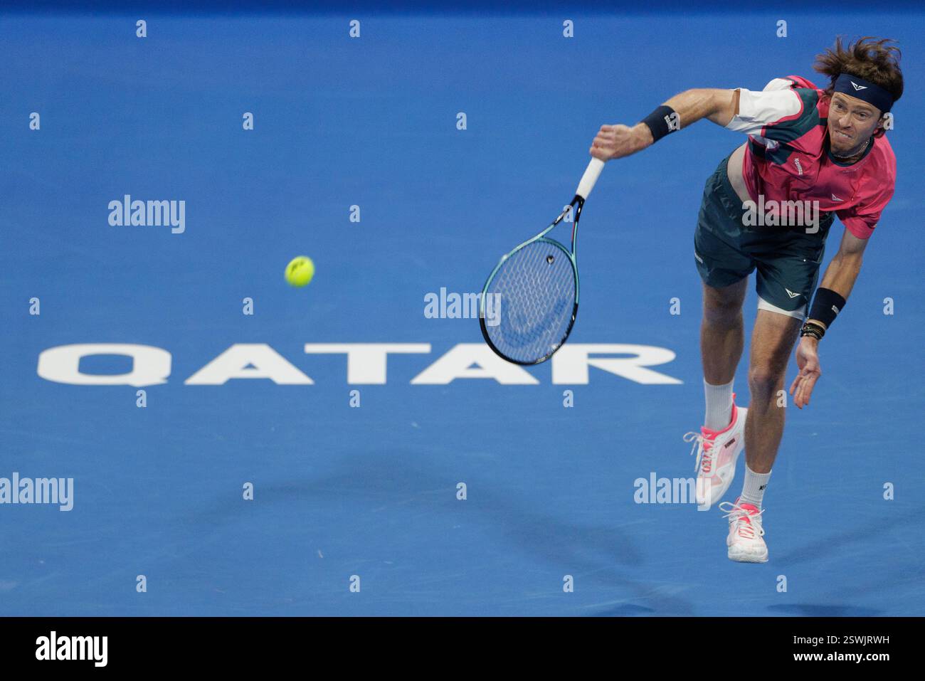 Doha, Qatar. 21st Feb, 2025. Andrey Rublev of Russia during the 2025 Qatar ExxonMobil Open, ATP ...