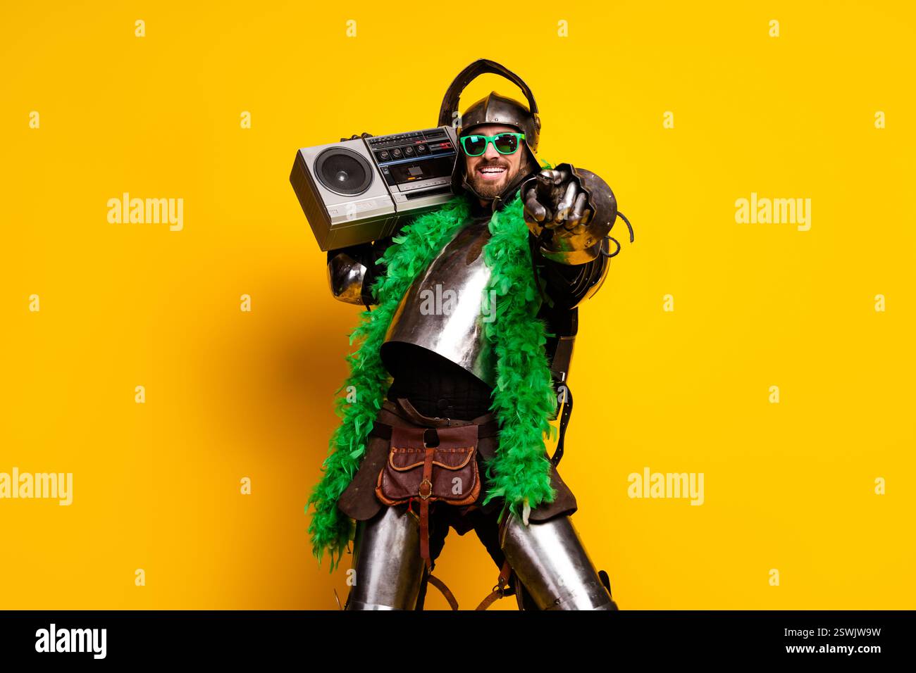 Musical Medieval Knight in Costume Posing with Boombox on Vibrant ...
