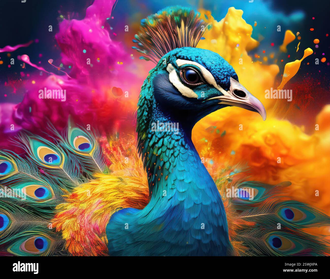 A proud peacock displays its beauty amid vibrant colors of Holi Stock ...