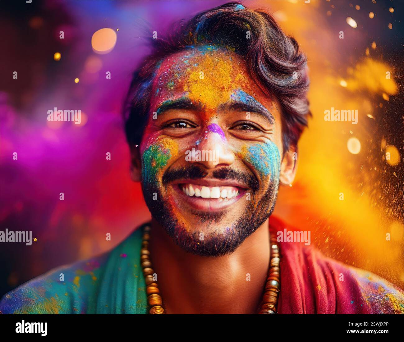man is embracing the spirit of Holi, covered in brilliant colors and ...