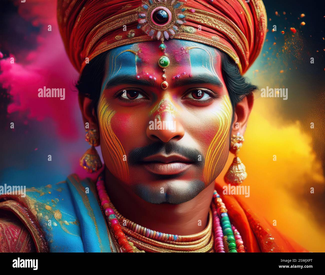 A man adorned with colorful powders and traditional attire during Holi ...