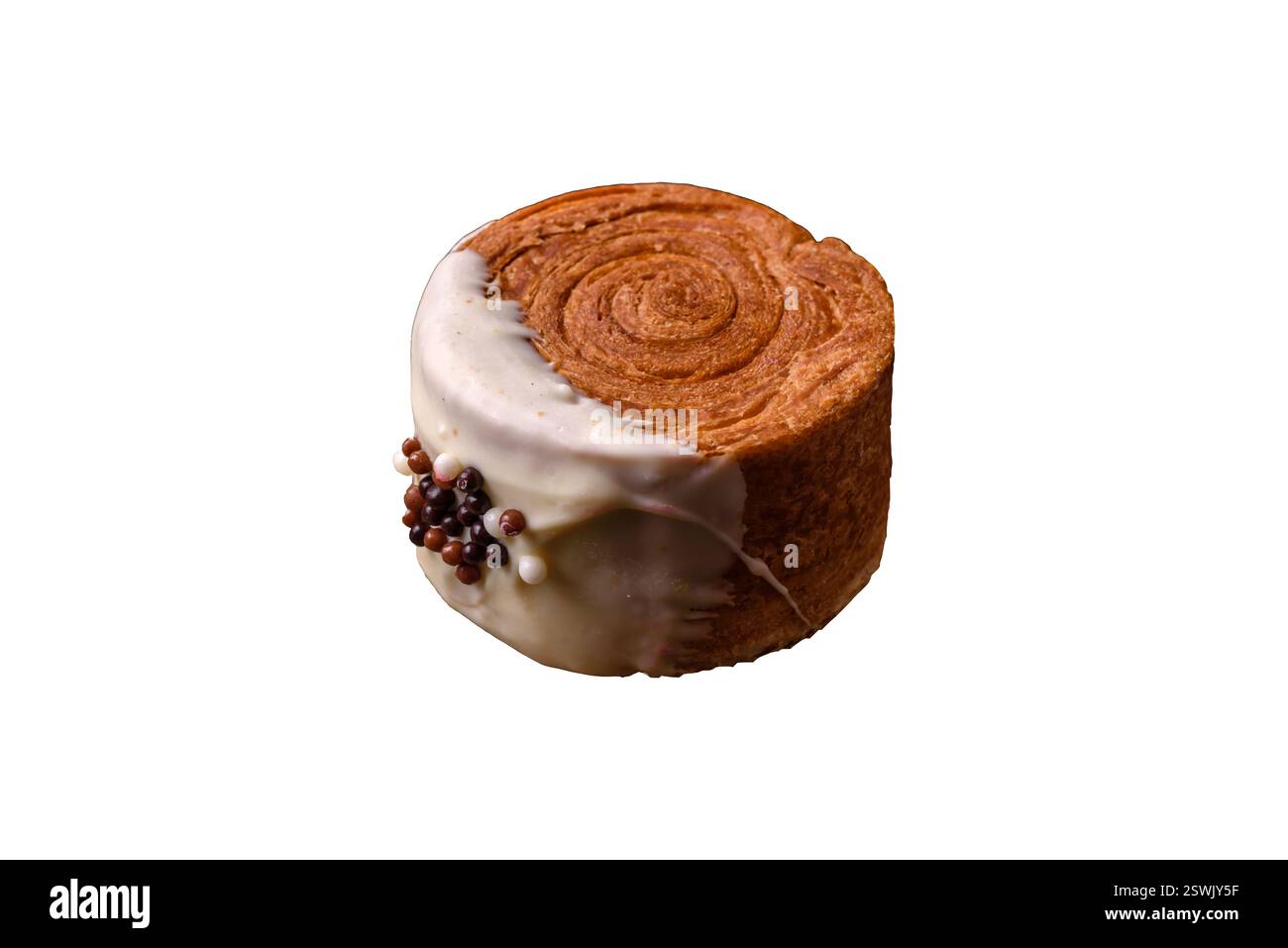 Round sweet New York roll croissant with pistachio cream filling on a ...