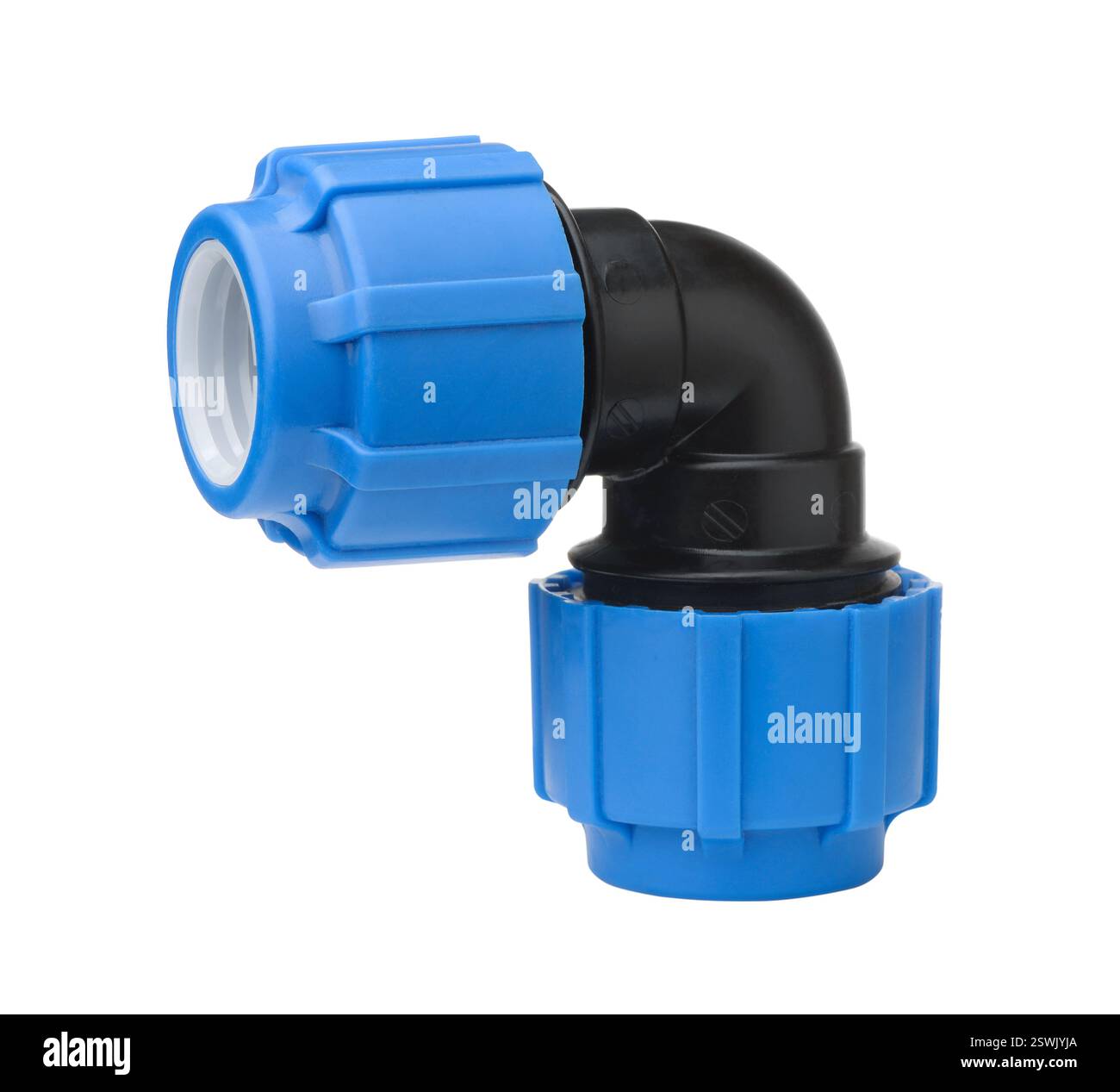 Plastic 90 degree water pipe elbow isolated on white Stock Photo - Alamy