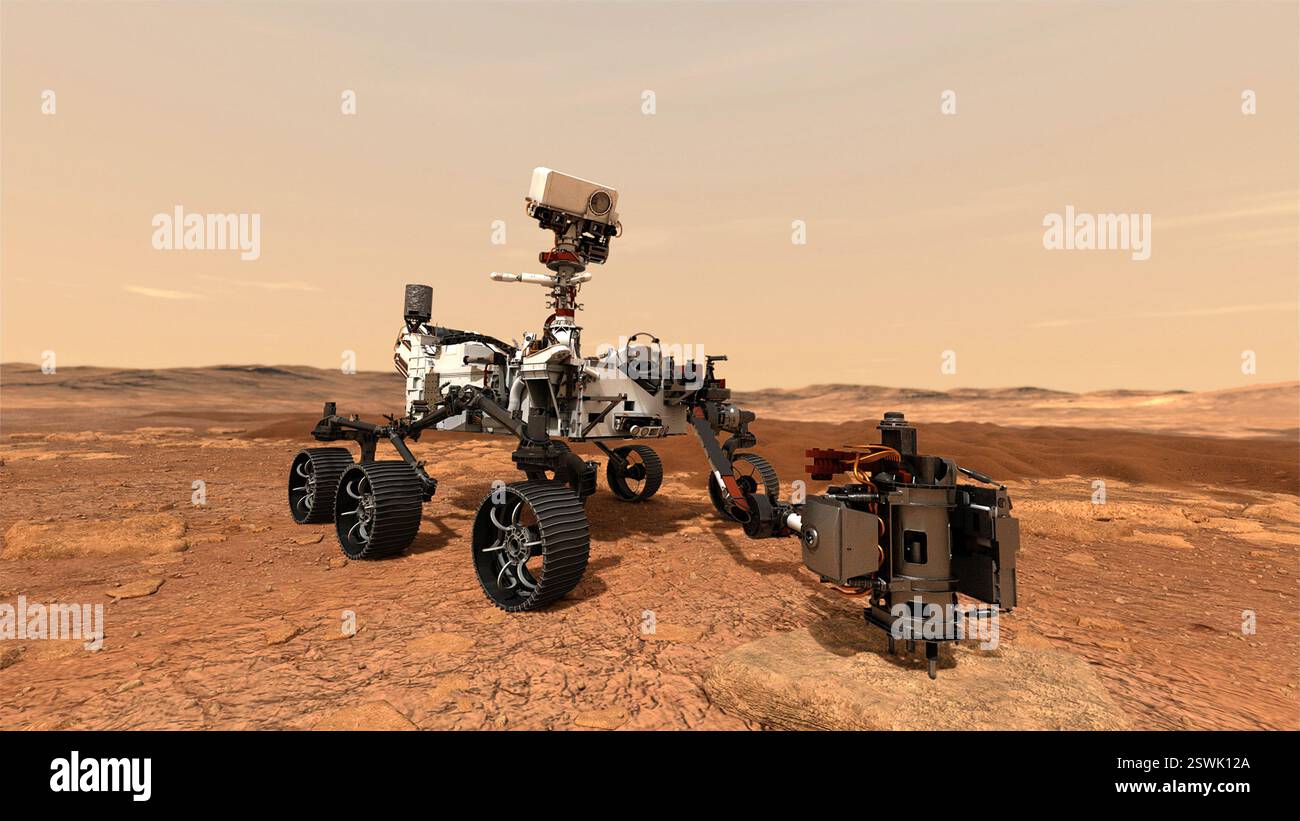 In this illustration, NASA's Mars 2020 rover uses its drill to core a ...