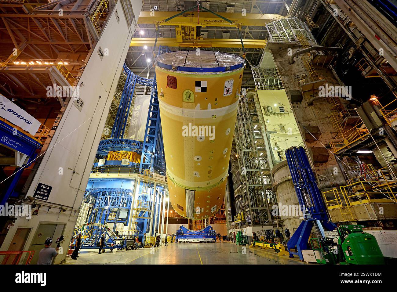 The completed assembly of the upper, or forward, part of the core stage for the Space Launch ...
