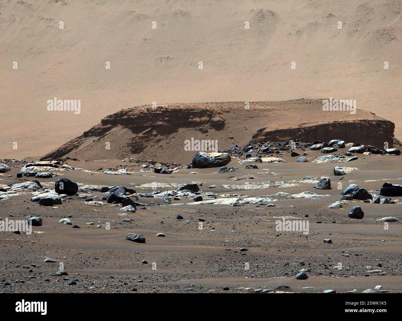 The Perseverance rover views a raised area of dark brown rock at Mars ...