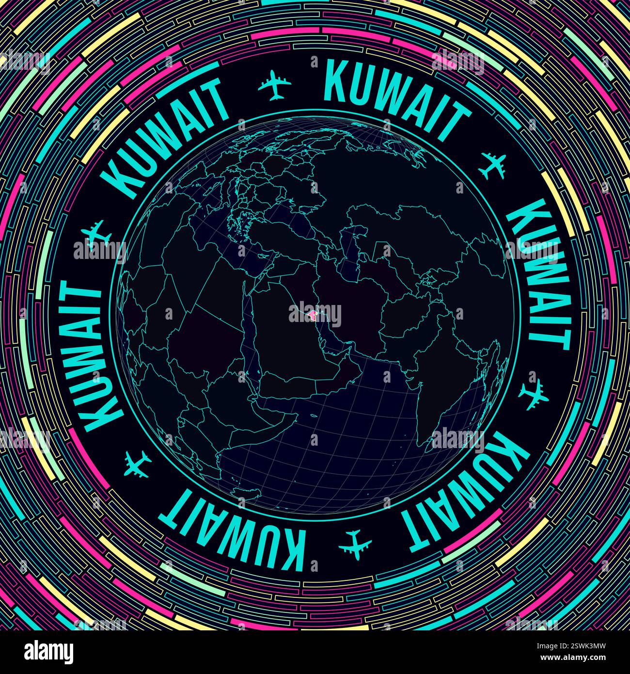 Kuwait on globe. Satellite view of the world centered to Kuwait. Bright ...