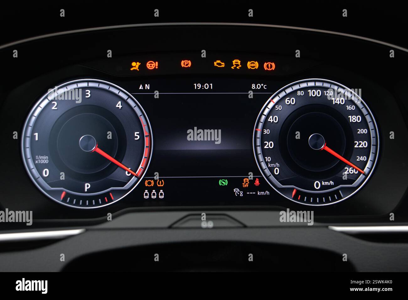 Car dashboard display showing speed RPM and warning lights Stock Photo ...