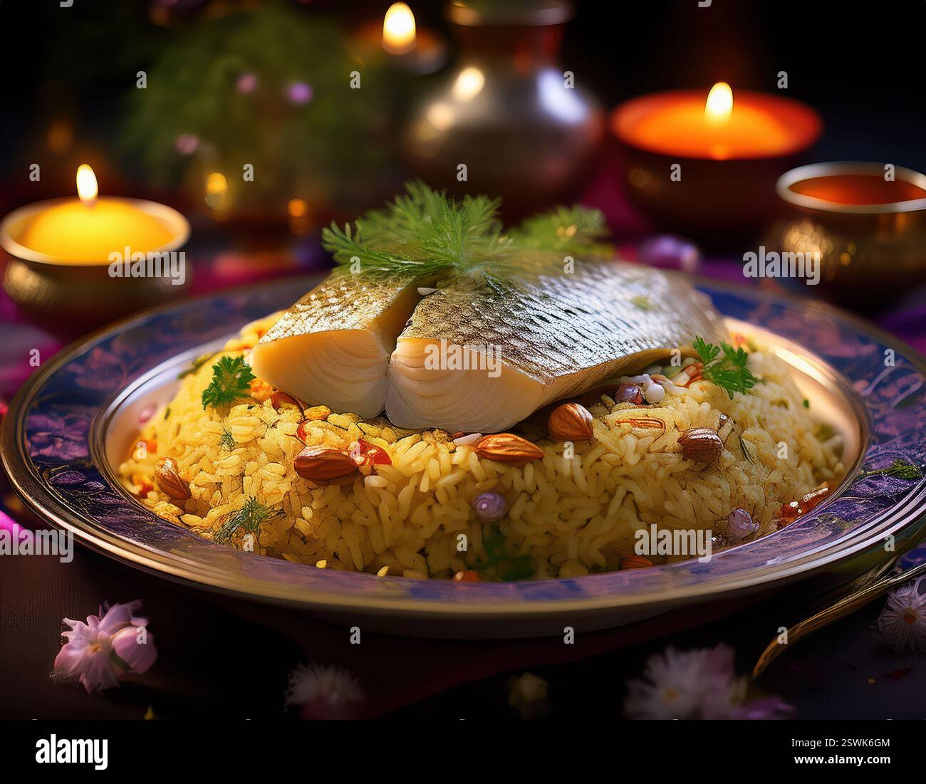 A beautiful Nowruz table setting with saffron rice topped with grilled ...