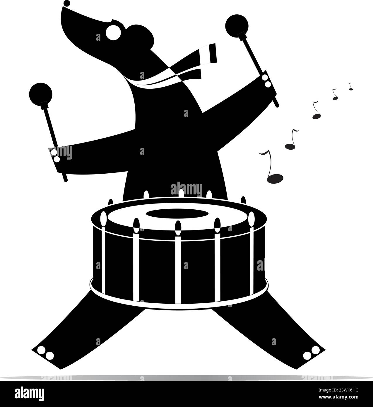 Cartoon cute bear playing music on the big drum. Cute bear beats the ...