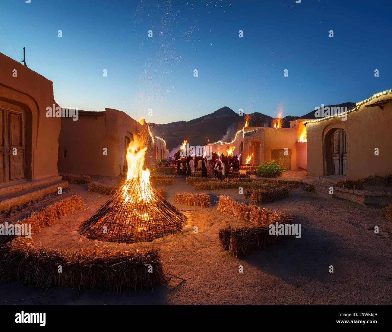 Villagers gather around bonfires in a tranquil Persian village ...