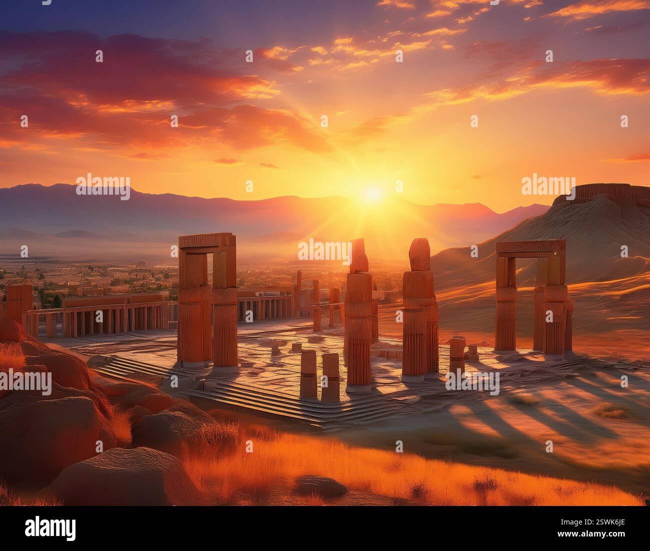 A beautiful sunset illuminates ancient Persian ruins, marking the ...