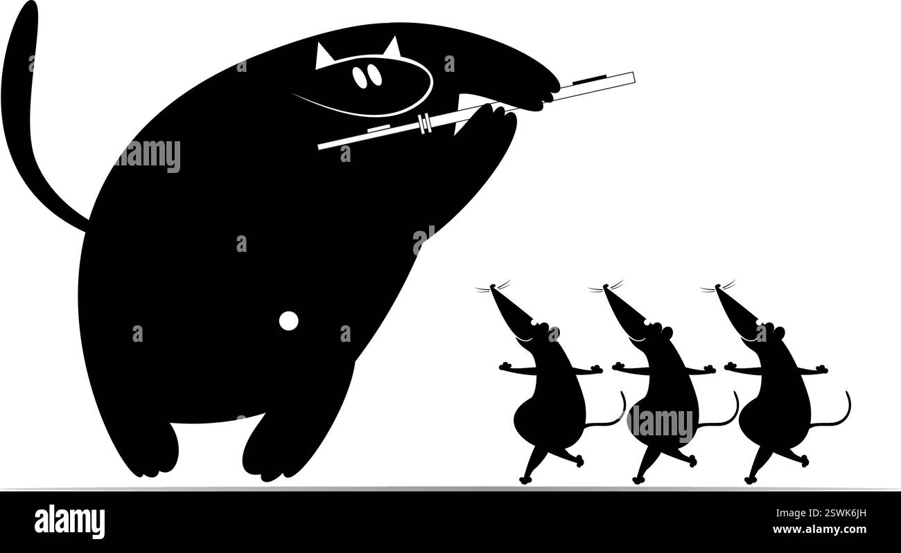Sly cat playing flute and dancing rats. Sly cat playing flute to cute ...