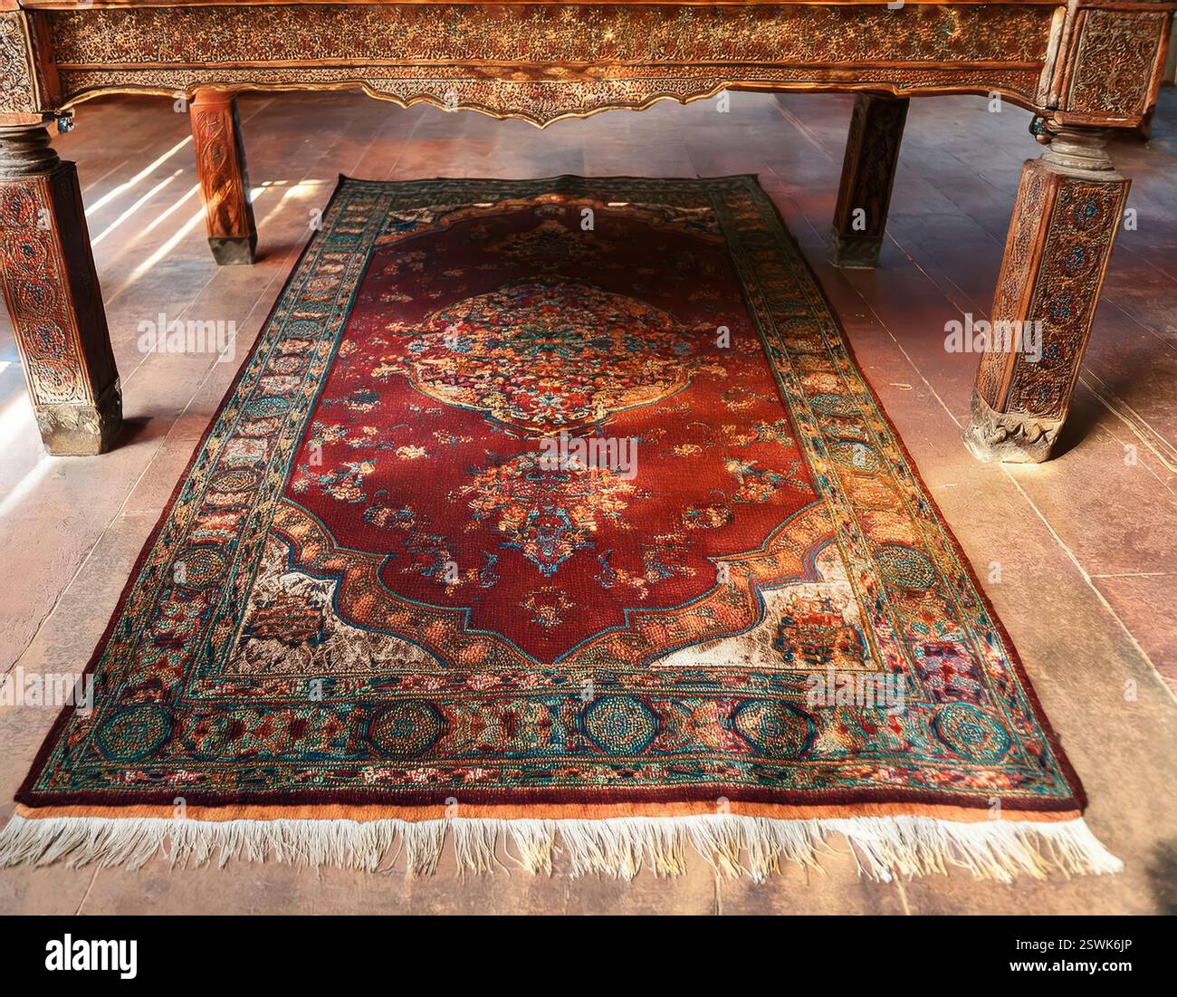 A beautifully crafted Persian carpet lies on the ground, highlighting ...