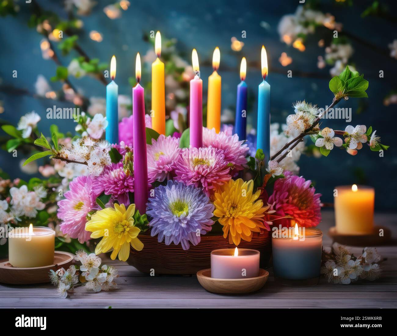 A vibrant setting with flowers and candles symbolizes joy during Nowruz ...