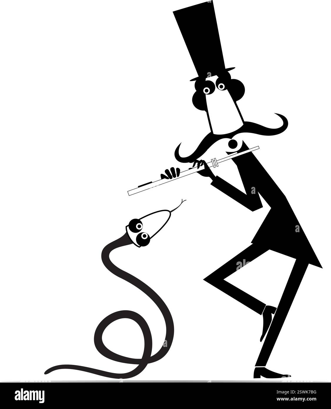 Cartoon musician playing flute to snake. Funny tamer in the top hat ...