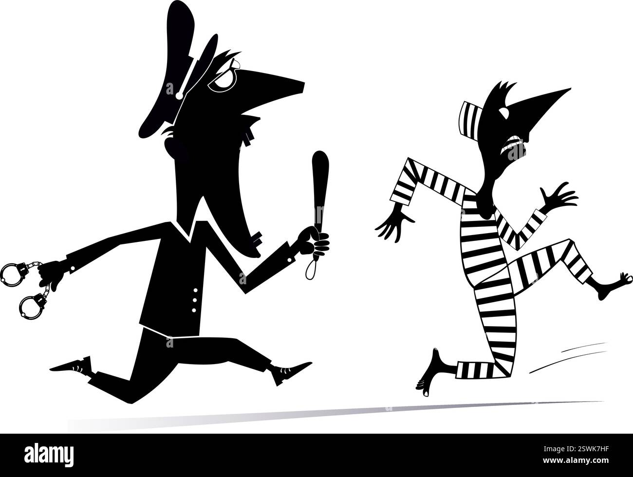 Angry police officer running after a prisoner. Male police officer with ...