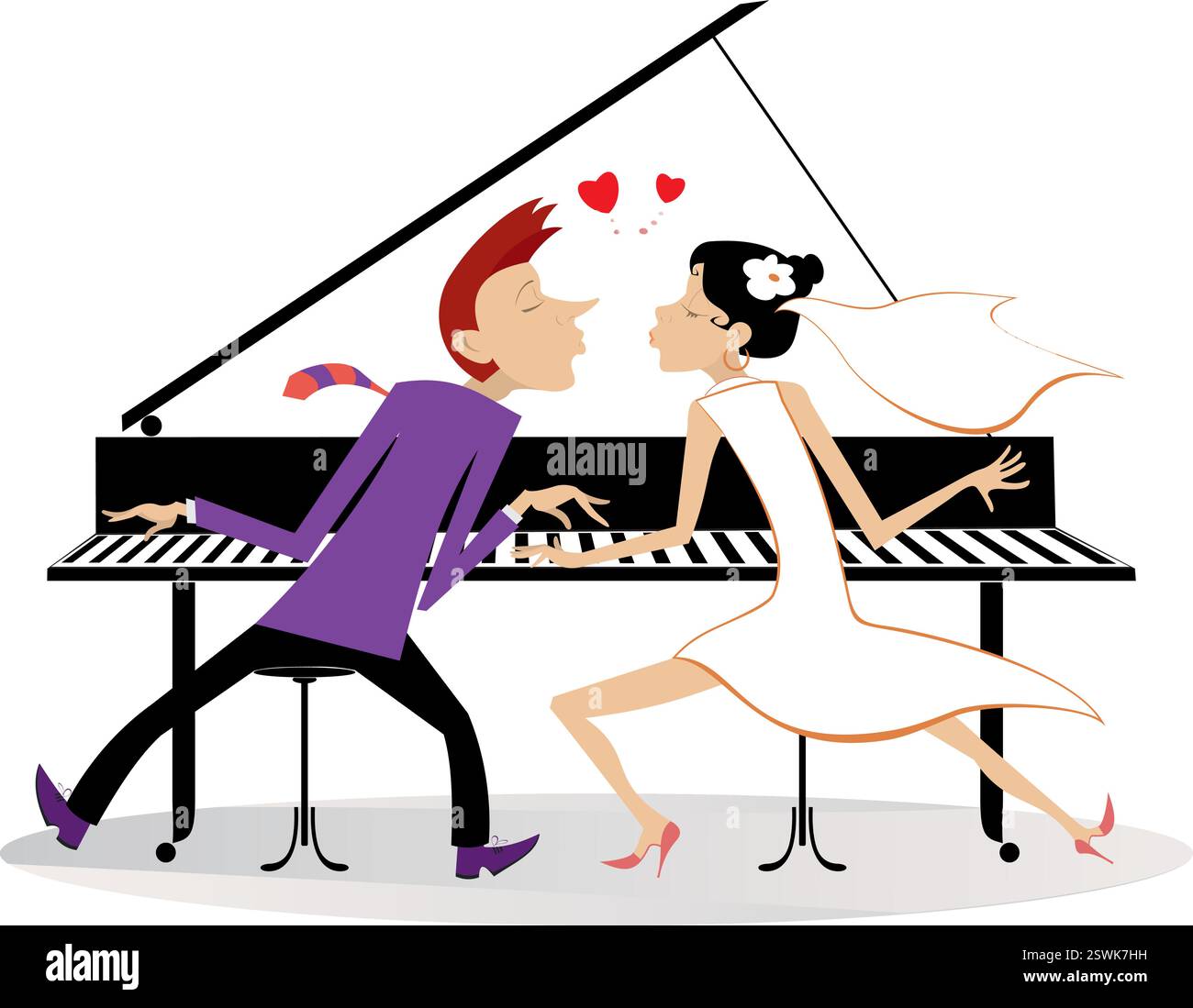 Happy wedding couple play piano by four hands. Love couple. Wedding ...