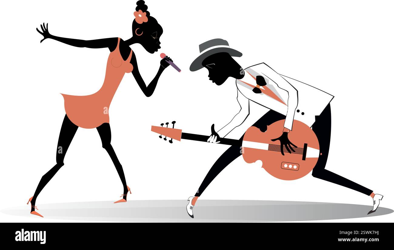 Duet of African guitarist man and singer woman. Couple African ...