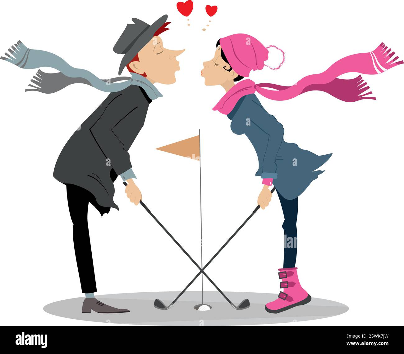 Golf course. Man and woman falling in love and kissing. Cold weather ...