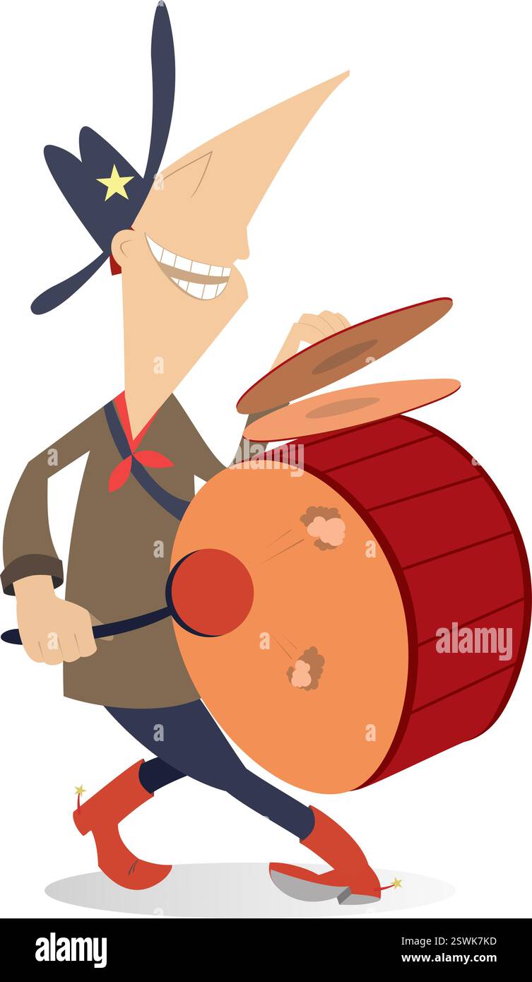 Cartoon person beats the drum and kettledrums. Cheerful man in the ...