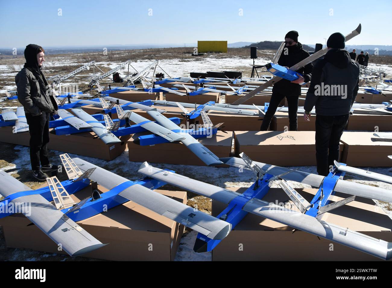 Lviv, Ukraine 21 feb 2025. Besomar interceptor drones are seen ...