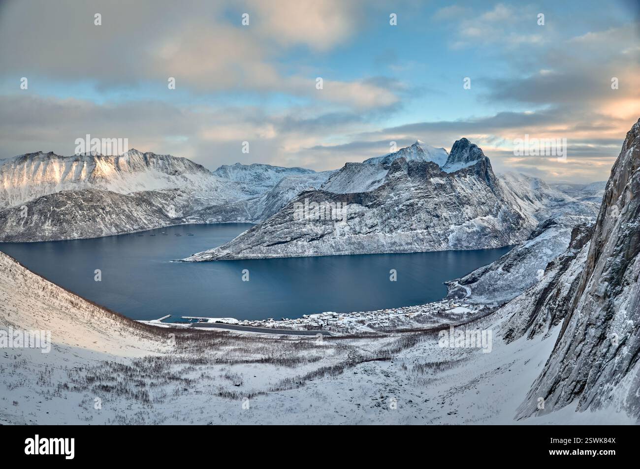 aerial photo from the summit of Segla mountain down to the village of ...