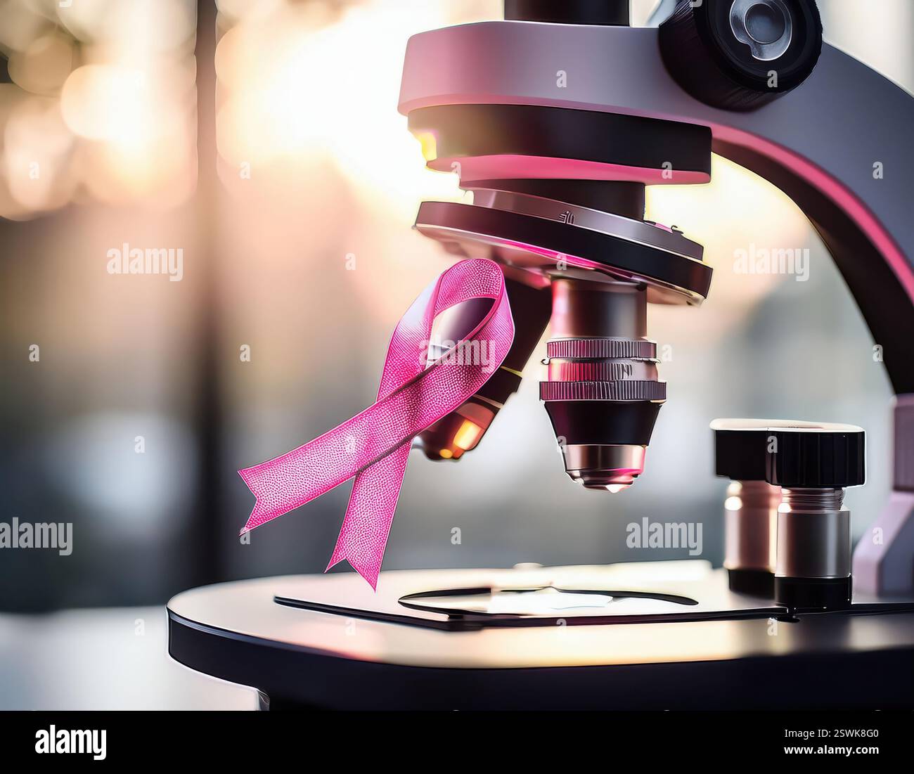 A pink ribbon symbol of cancer awareness adorns a microscope ...