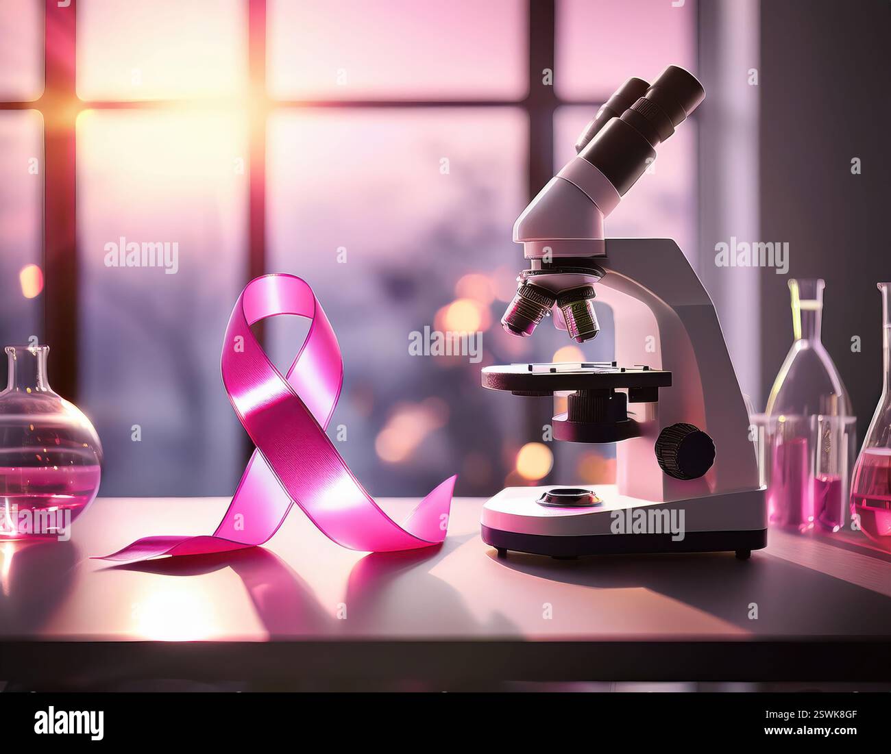 A pink ribbon beside a microscope emphasizes the importance of cancer ...
