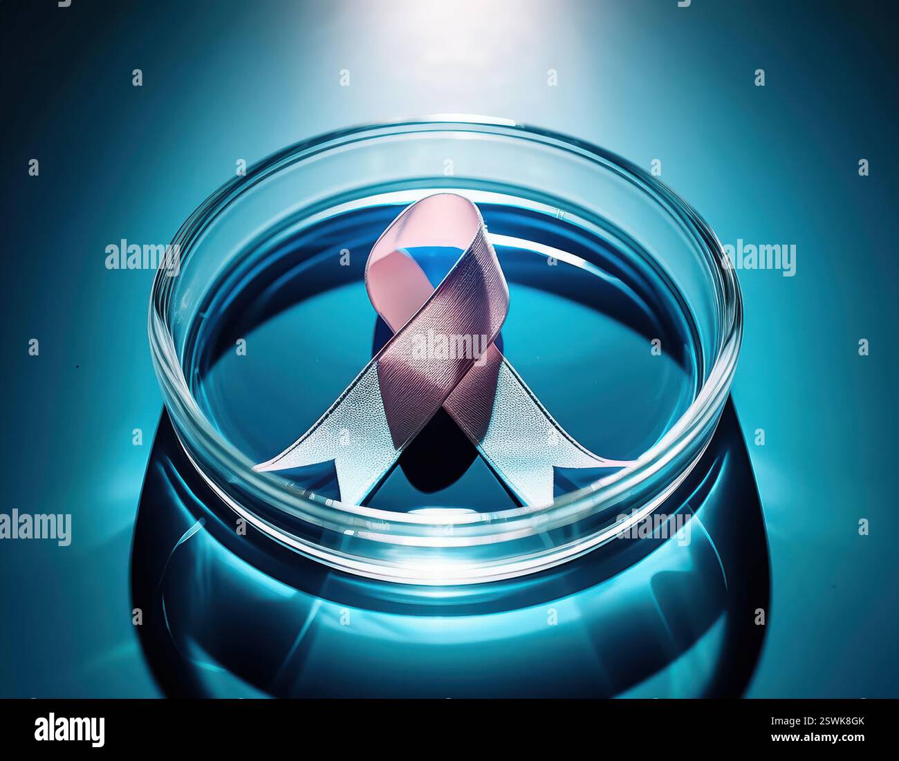 A pink ribbon rests in a petri dish, symbolizing the fight against ...