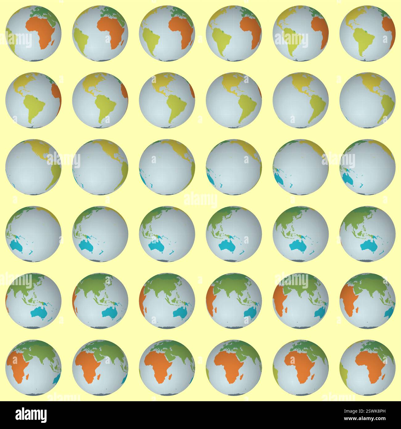 Collection of earth globes. Normal sphere view. Rotation step 10 ...