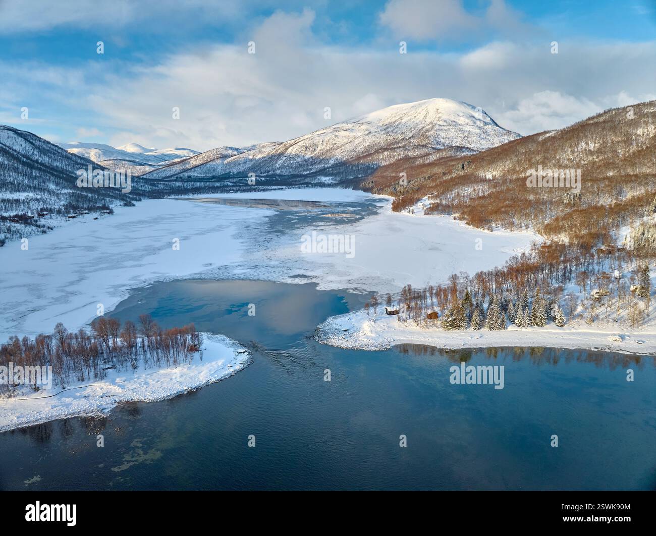 aerial photo over the winterly landscape of Lysbotnvatnet with ...