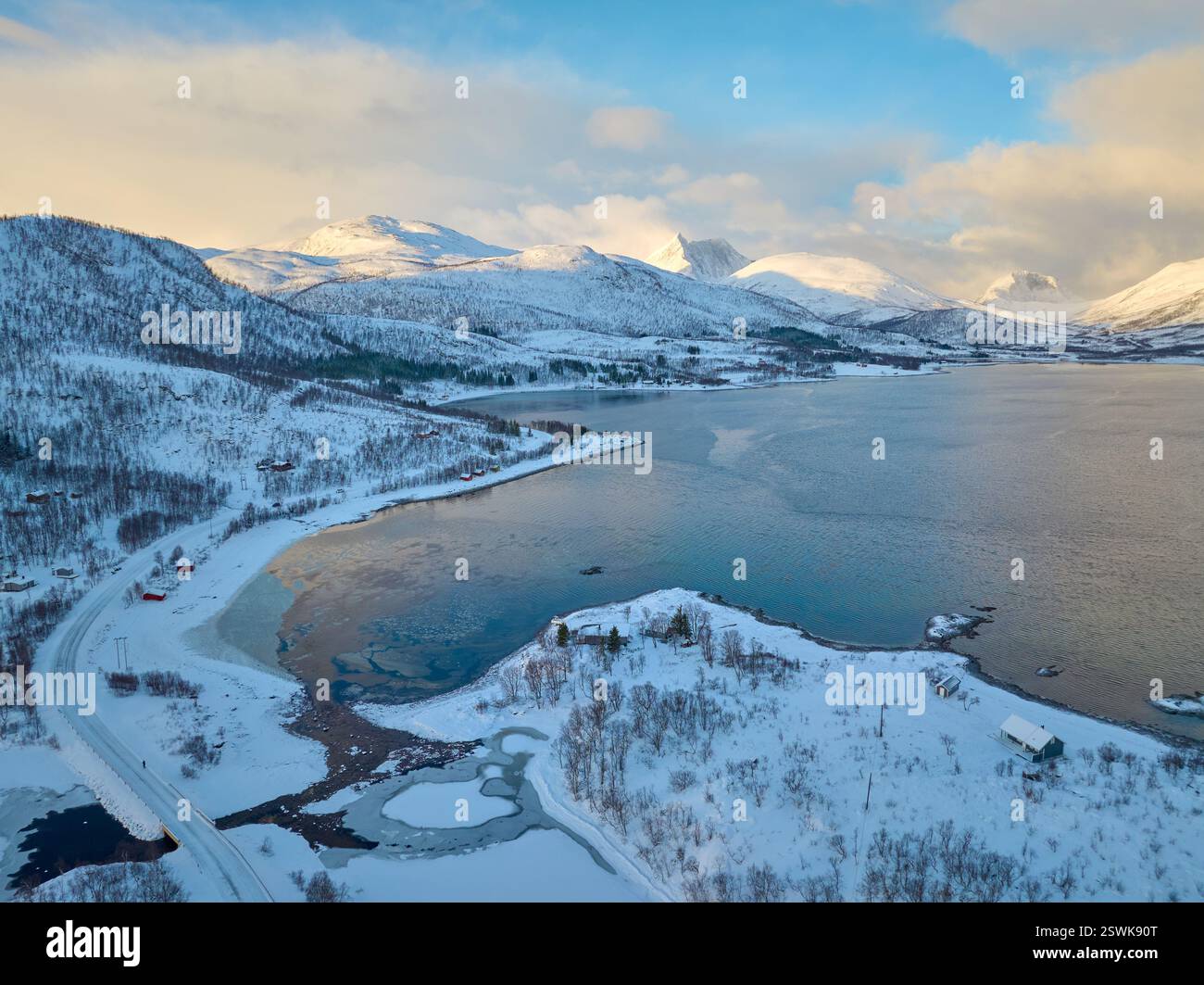 aerial photo the snowy landscape at Skognevagen and Gisundet on Senja ...