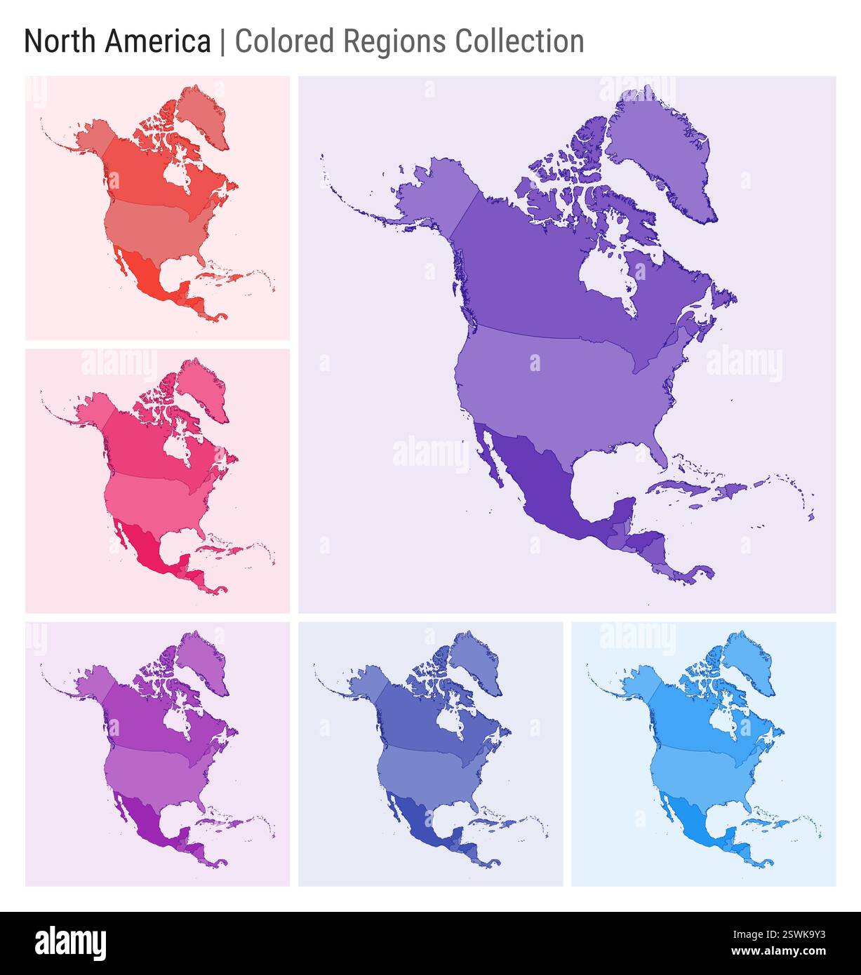 North America. Map collection. Continent shape. Colored countries. Deep ...