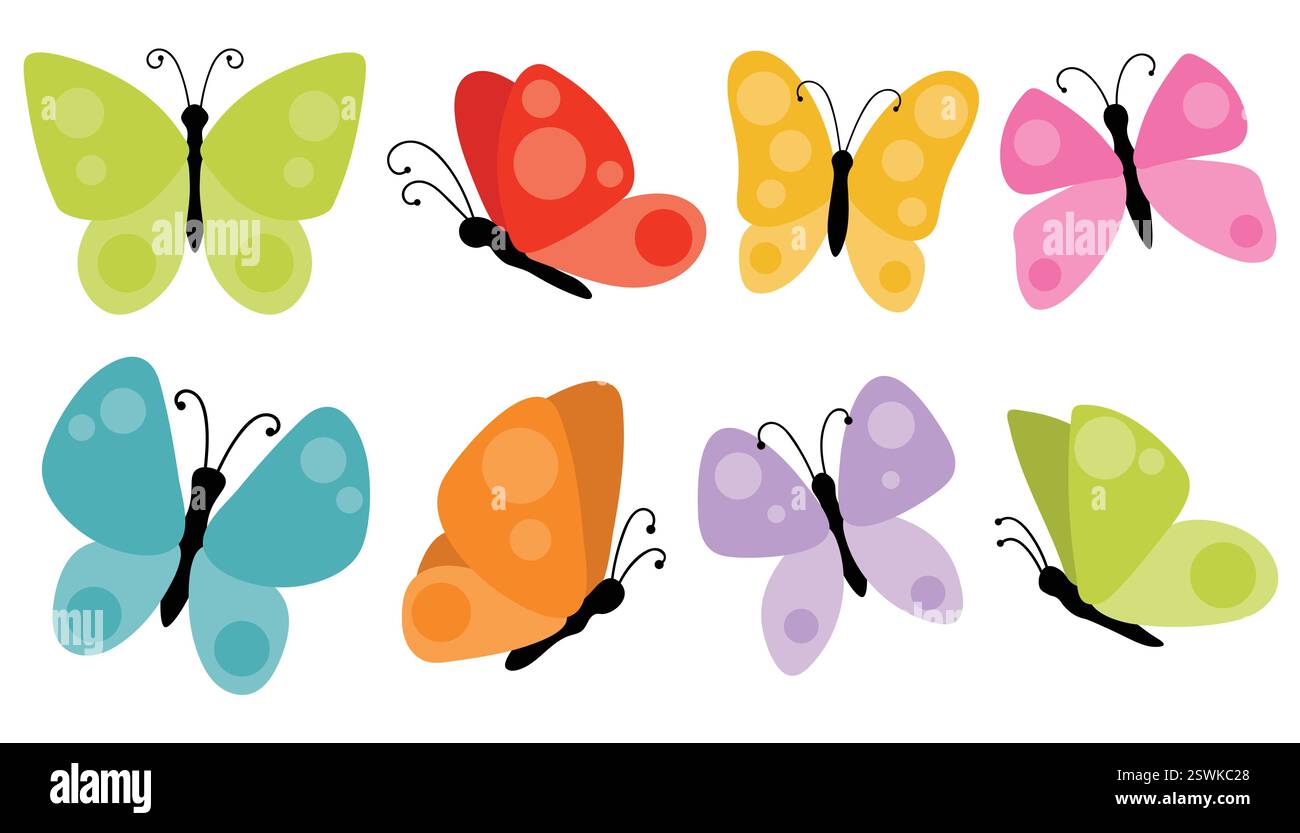 Cute cartoon butterflies collection in flat style. Spring insects set ...