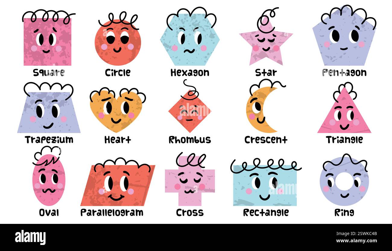 Set of cartoon basic geometric shapes with face smiling. Funny shapes ...
