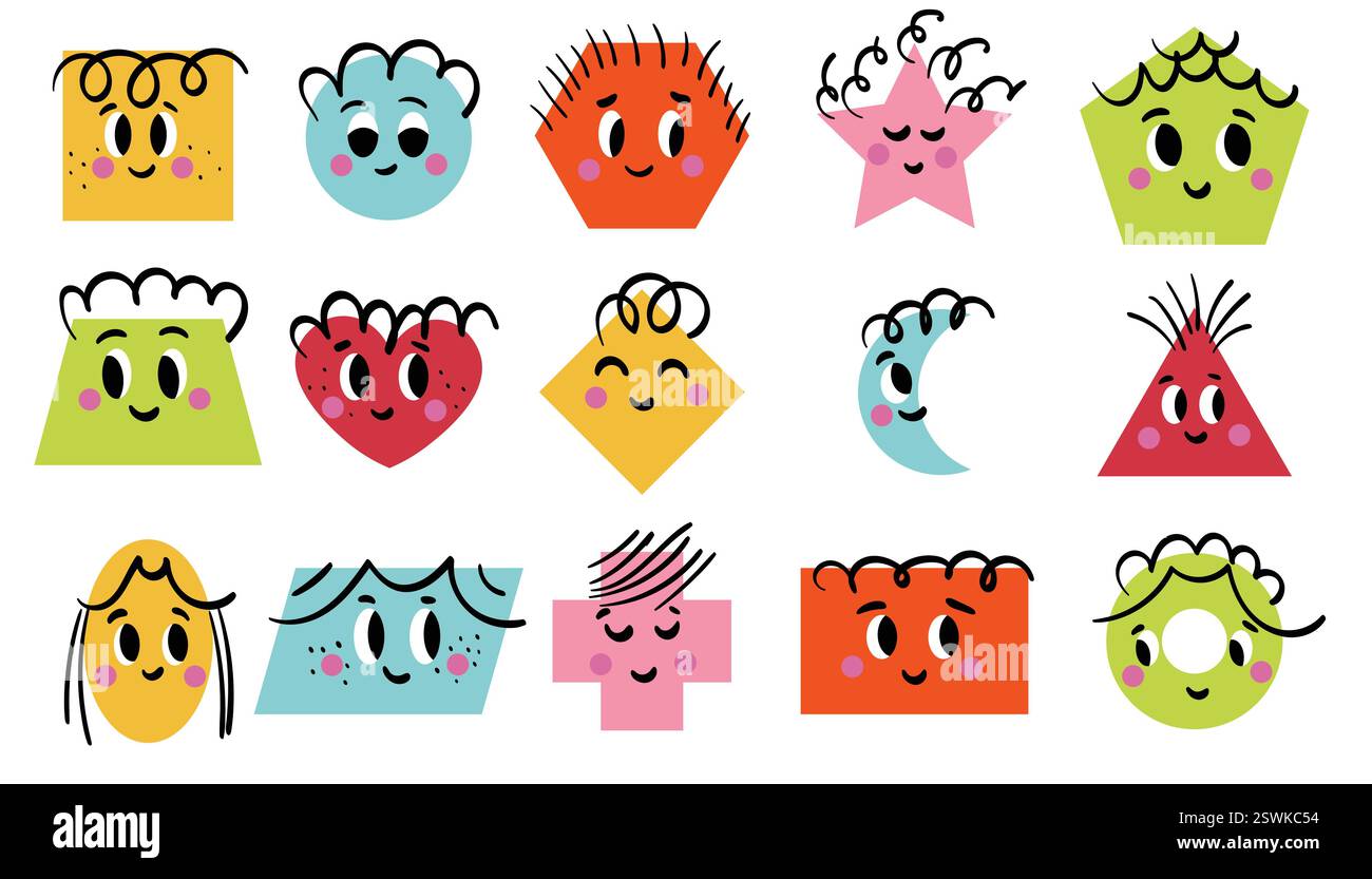 Set of cartoon basic geometric shapes with face smiling. Funny shapes ...